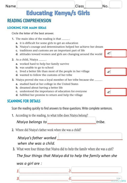 Educating Kenya's Girls 6/5. Interactive worksheet | TopWorksheets