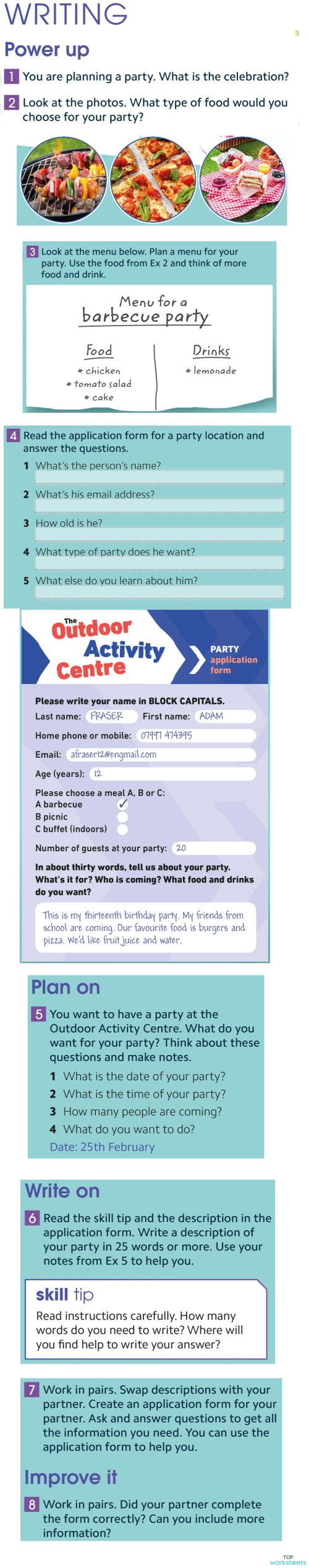 Writing - Planning a party - Fun with food. Interactive worksheet ...