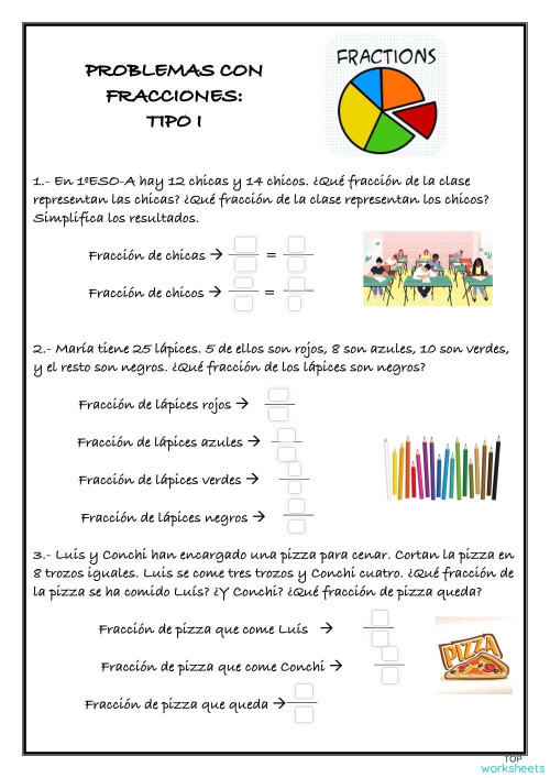 PROBLEMAS CON FRACCIONES: TIPO I. Ficha interactiva | TopWorksheets