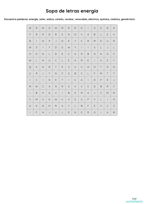 Sopa de letras energía. Ficha interactiva | TopWorksheets