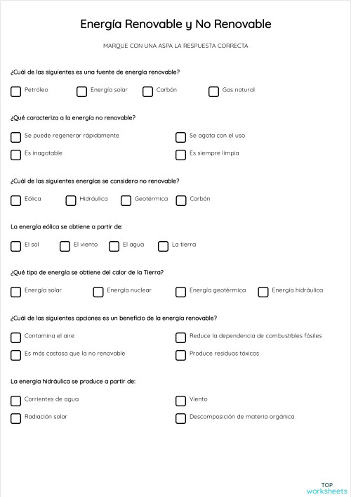 Energía Renovable y No Renovable. Ficha interactiva | TopWorksheets