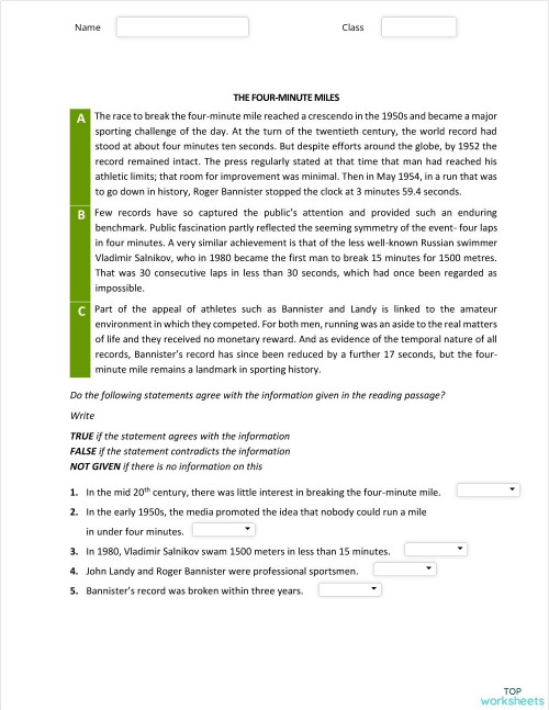 Exercise 1_True/False/Not given. Interactive worksheet | TopWorksheets