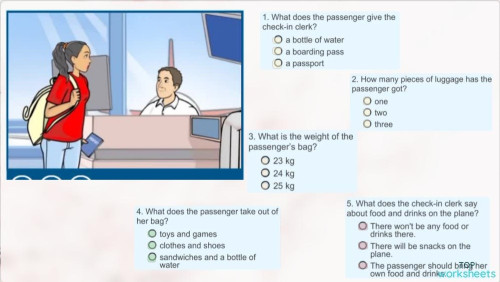 At the Airport (Listening Practice). Interactive worksheet | TopWorksheets