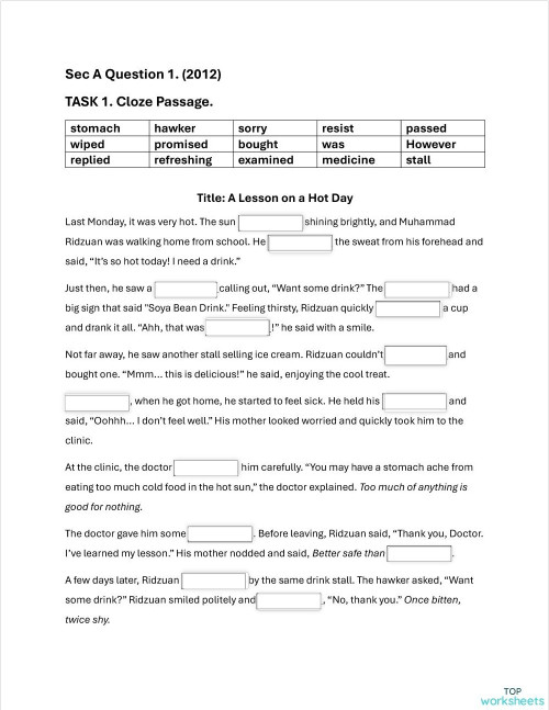 Cloze Passage 3. Interactive worksheet | TopWorksheets