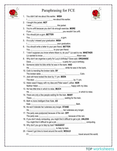 FCE: Paraphrasing. Interactive worksheet | TopWorksheets
