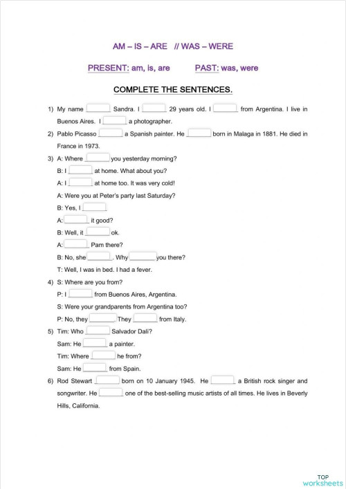 The verb to be: present and past. Interactive worksheet | TopWorksheets
