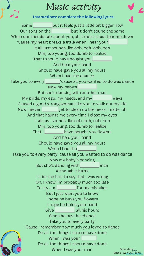 Bruno Mars music activity. Interactive worksheet | TopWorksheets