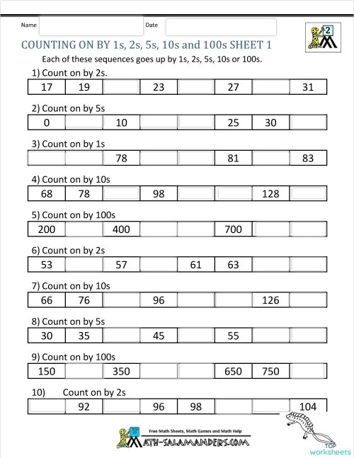 Counting by 1s, 2s, 5s, 10s and 100s Sheet 1. Interactive worksheet ...