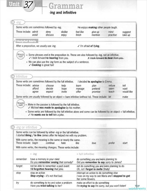 UNIT 37 -ING INFINITIVE. Interactive worksheet | TopWorksheets