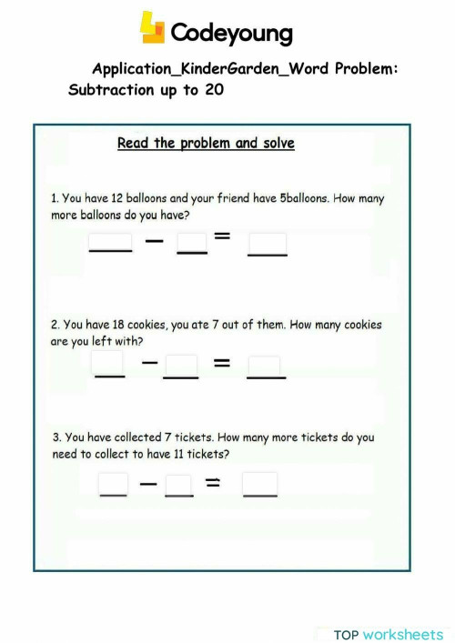 Subtrction up to 20. Interactive worksheet | TopWorksheets