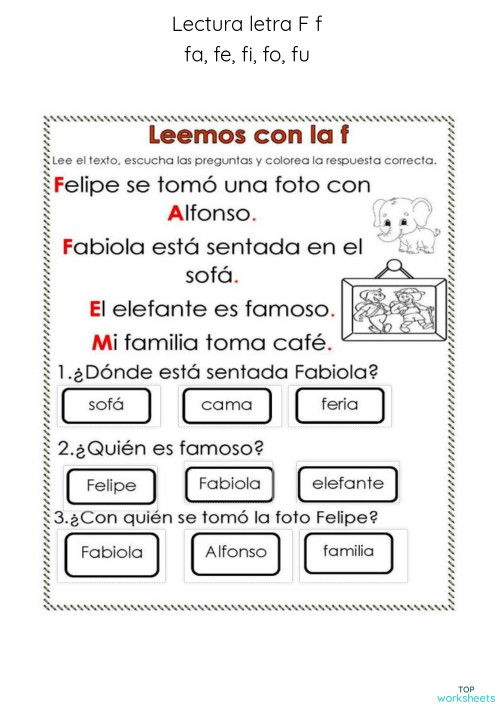 Lectura letra F/Colegio Petit. Ficha interactiva | TopWorksheets