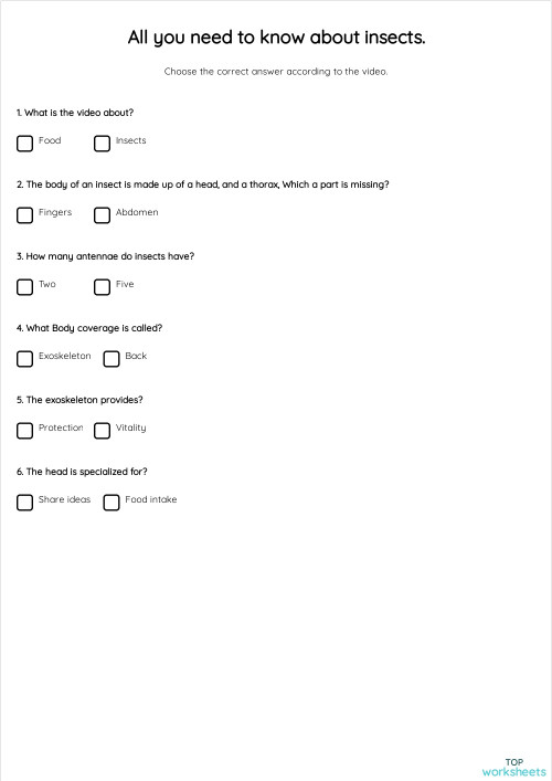 All you need to know about insects.. Interactive worksheet | TopWorksheets