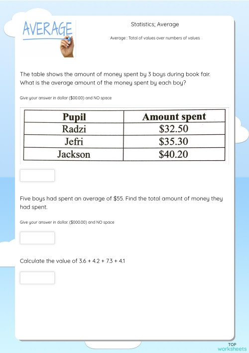 Statistics; Average. Interactive worksheet | TopWorksheets