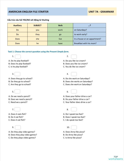 AEF Starter_7A_Grammar 3. Interactive worksheet | TopWorksheets
