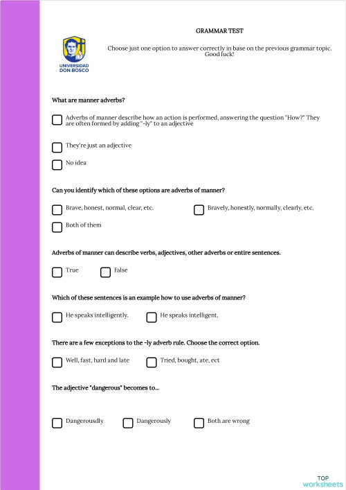 GRAMMAR TEST. Interactive worksheet | TopWorksheets