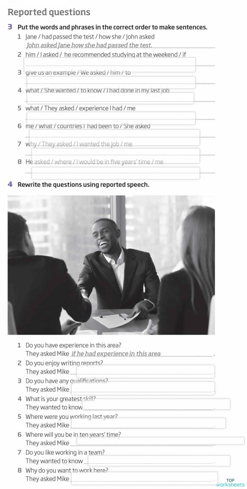 Reported questions. Interactive worksheet | TopWorksheets