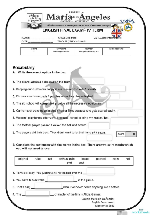 vocabulary_finalexam_2nd. Interactive worksheet | TopWorksheets