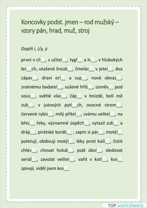 Koncovky - vzory pán, hrad, muž, stroj. Interaktivní pracovní list ...