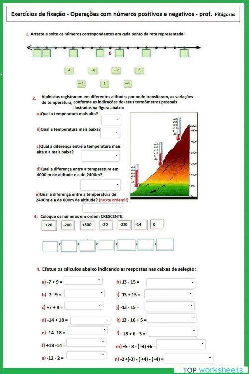 Números positivos e negativos, posição na reta e operações. Ficha ...