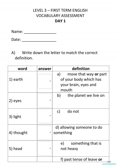 Day 1 - LEVEL 3 - First Term English Vocabulary Assessment. Interactive ...