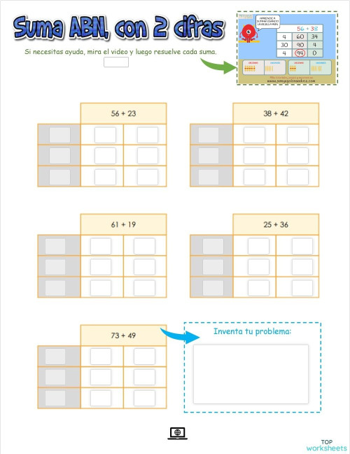 Suma abn, con 2 cifras 01. Ficha interactiva | TopWorksheets