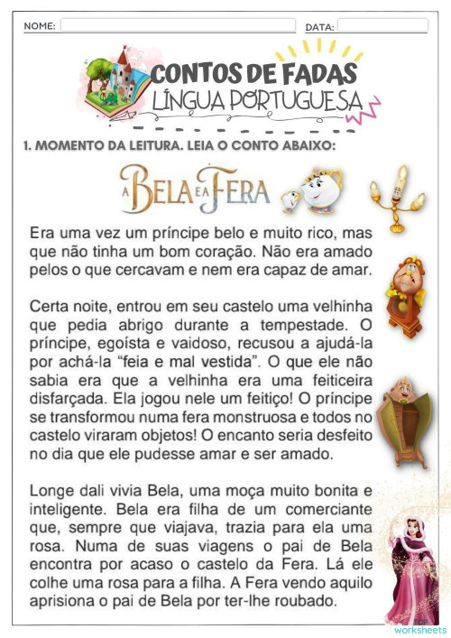 LP - Interpretação de texto: A Bela e a Fera 1. Ficha interativa ...