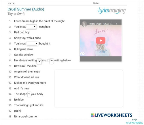 Cruel Summer. Interactive worksheet | TopWorksheets