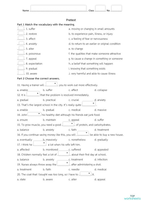 Pretest: Vocabulary M.6/10. Interactive worksheet | TopWorksheets