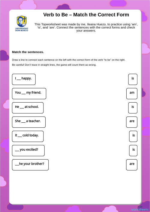 Verb to Be – Match the Correct Form. Interactive worksheet | TopWorksheets