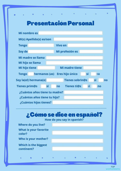Presentación Personal. Ficha interactiva | TopWorksheets