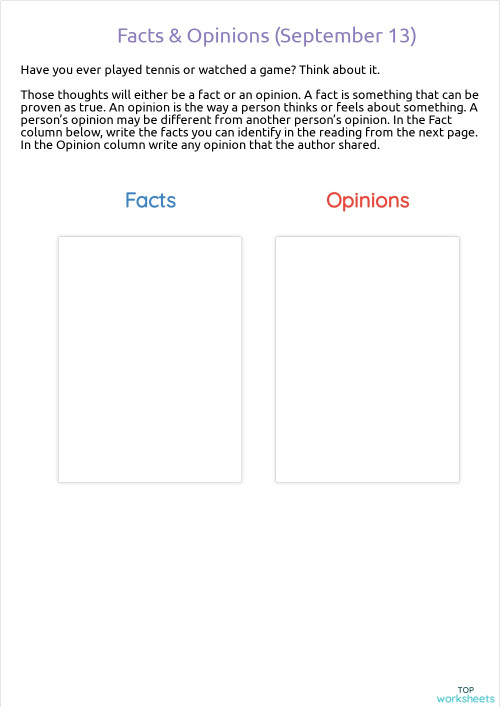 Facts & Opinions reading activity (September 13). Interactive worksheet ...
