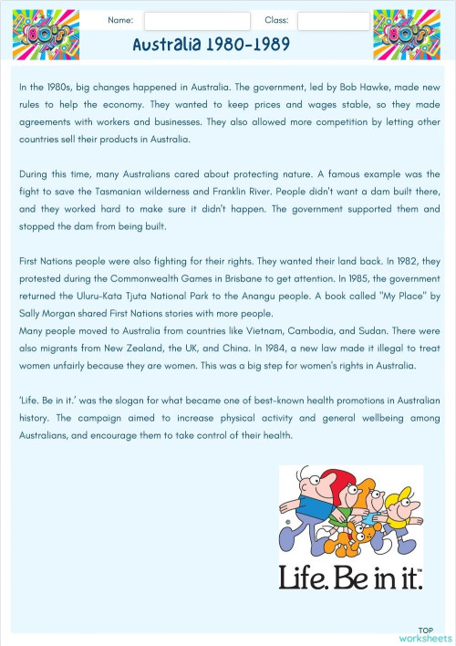 Australia 1980-1989. Interactive worksheet | TopWorksheets