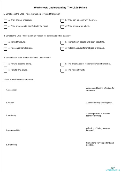 Worksheet: Understanding The Little Prince. Interactive worksheet ...