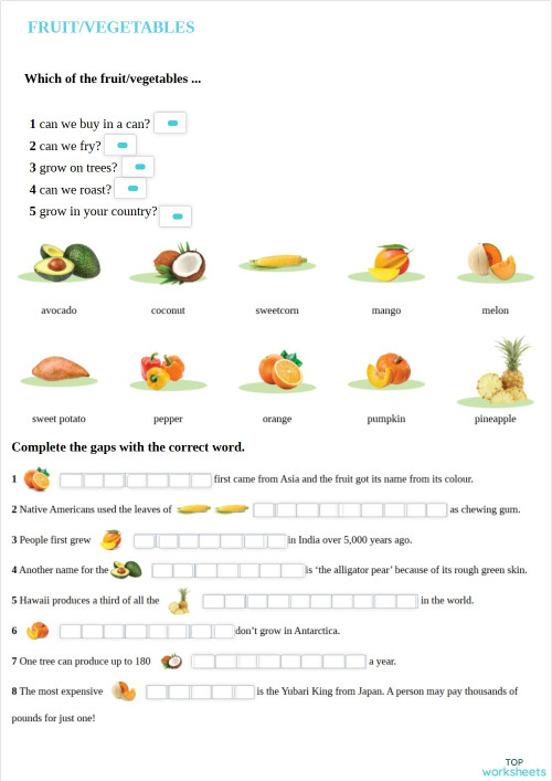 FRUIT/VEGETABLES A2. Interactive worksheet | TopWorksheets