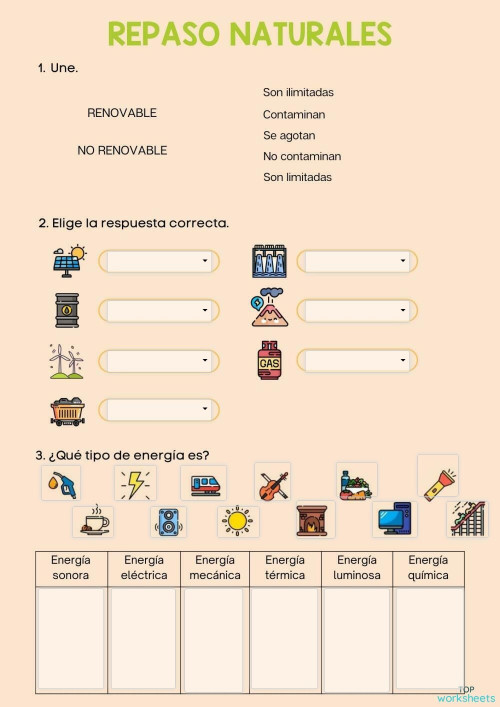 Repaso Naturales Energía. Ficha interactiva | TopWorksheets