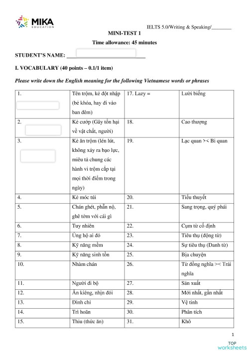 Mini test 1. Interactive worksheet | TopWorksheets