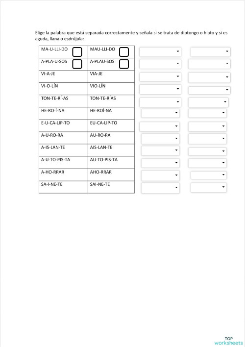 EJERCICIOS DE DIPTONGOS E HIATOS. Ficha interactiva | TopWorksheets