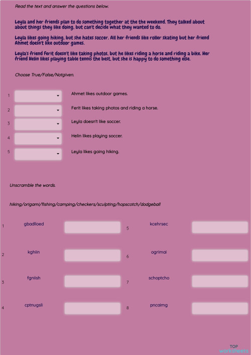 Games and Hobbies. Interactive worksheet | TopWorksheets