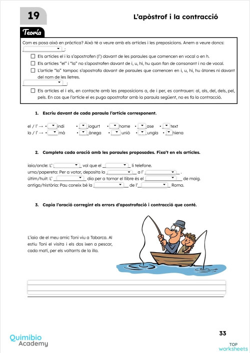 L'apòstrof i contracció. Fitxa interactiva | TopWorksheets