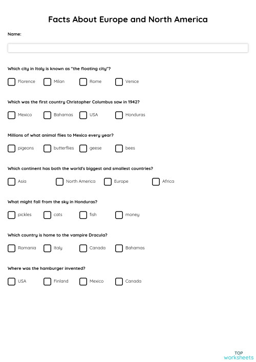 Facts About Europe and North America. Interactive worksheet | TopWorksheets