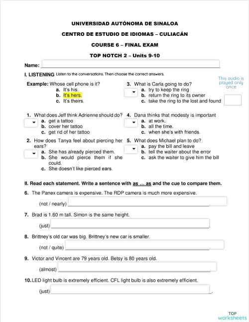 LVL 6 - Final Exam (Units 9 & 10). Ficha interactiva | TopWorksheets