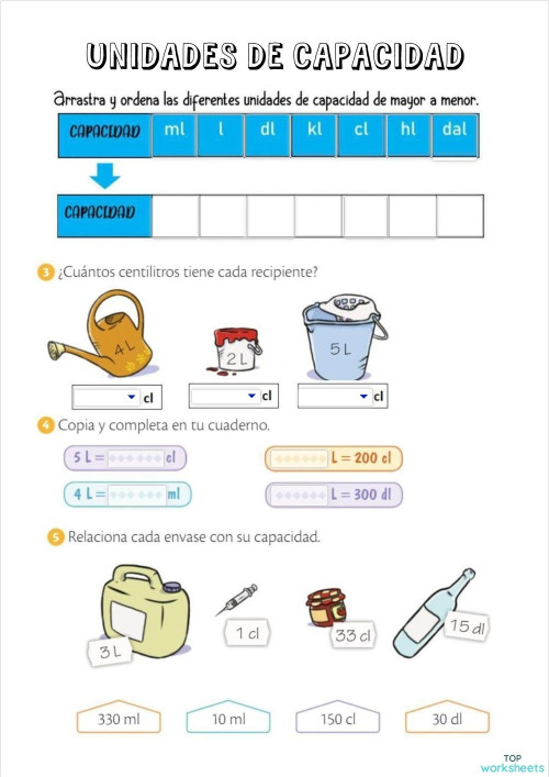 Metro, litro y gramo. Ficha interactiva | TopWorksheets