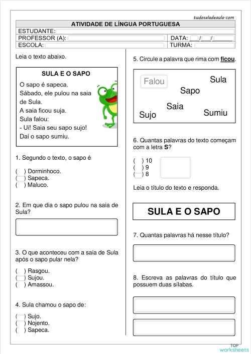 SIMULADINHO L.P - SULA E O SAPO. Ficha interativa | TopWorksheets