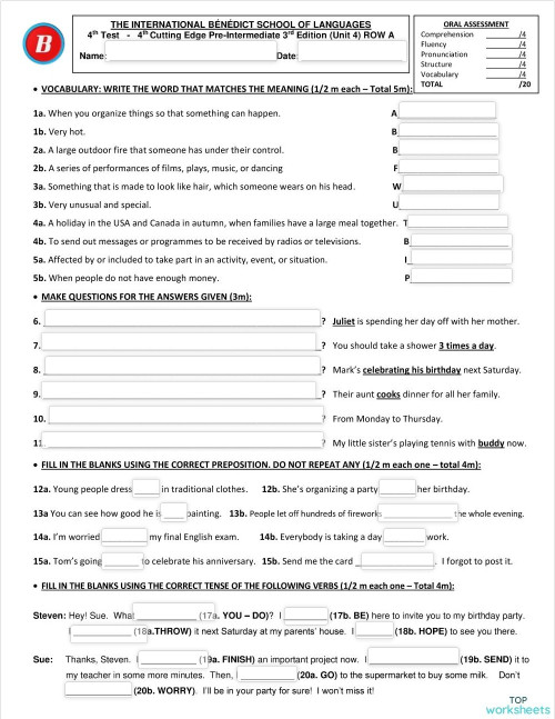 Test Nº4 Row A 4th CE.. Interactive worksheet | TopWorksheets