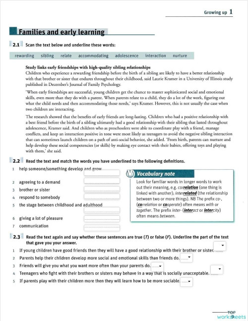 FAMILIES AND EARLY LEARNING READING. Interactive worksheet | TopWorksheets