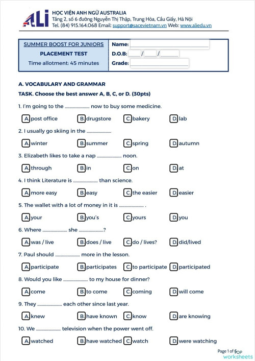 [SBJ] Placement Test 2024. Interactive worksheet | TopWorksheets