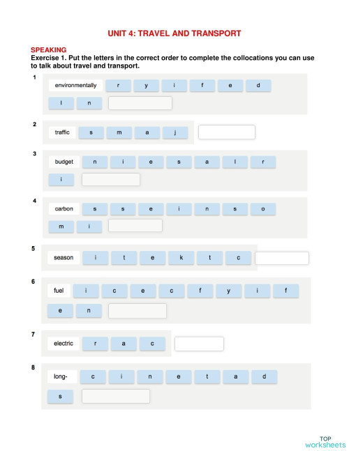 Unit 4 - Speaking - Travel and Transport. Interactive worksheet ...