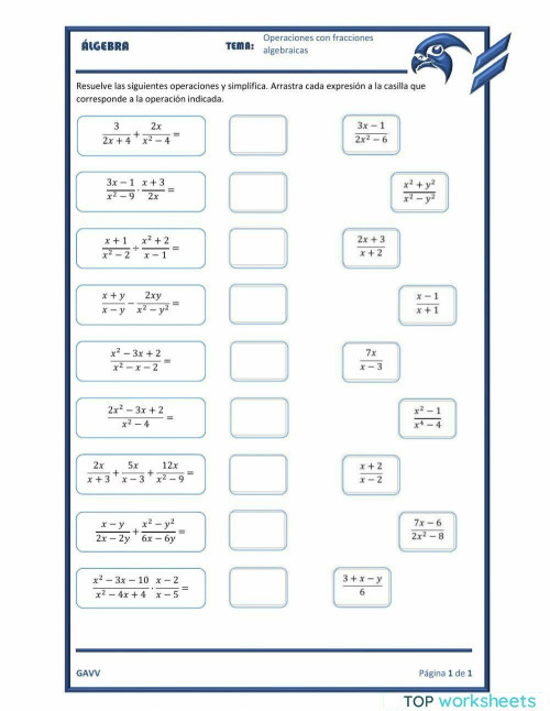 Álgebra - Operaciones con fracciones algebraicas. Ficha interactiva | TopWorksheets