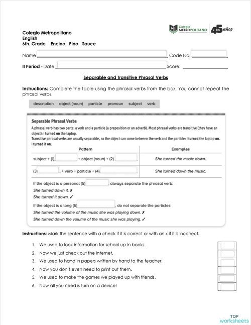 Separable and Transitive Phrasal Verbs - April 9. Interactive worksheet ...