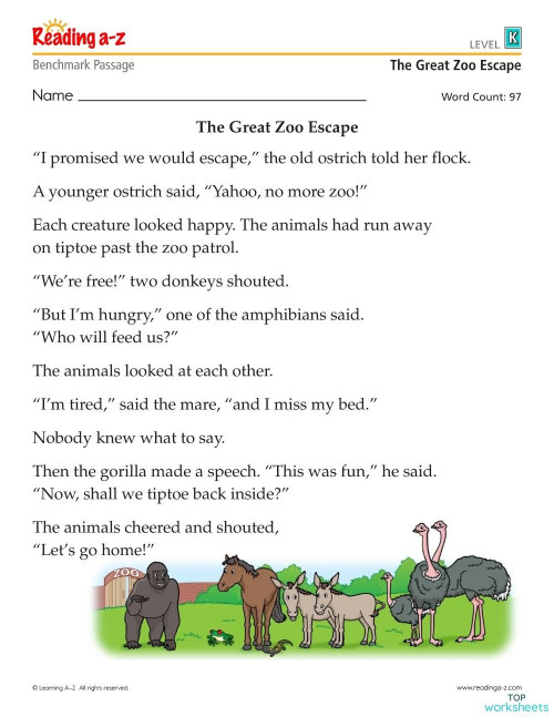 Level K: The great zoo escape. Interactive worksheet | TopWorksheets